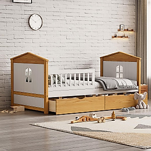 Harper & Bright Designs Twin Size House Shape Bed with Two Drawers Wooden Bed Frame for Boys Girls Kids Adults Toddler Teens, No Box Spring Needed, Walnut and White