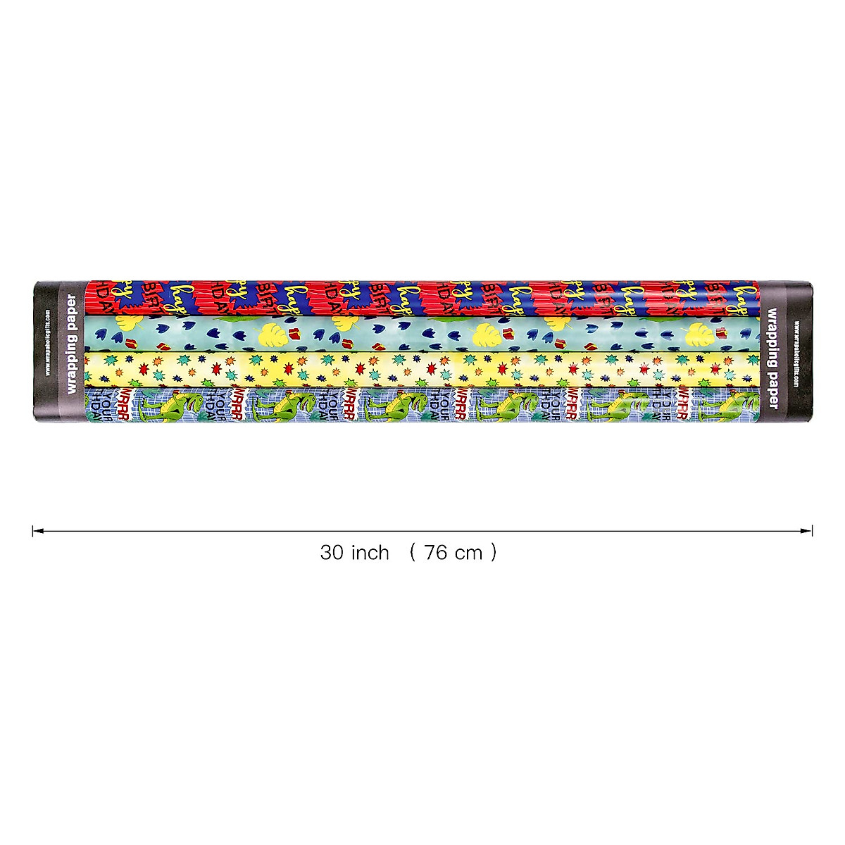 WRAPAHOLIC Birthday Wrapping Paper Roll - Dinosaur and Irregular Pattern Design Perfect for Celebration, Party, Baby Boy Present Packing - 4 Rolls - 30 inch X 120 inch Per Roll