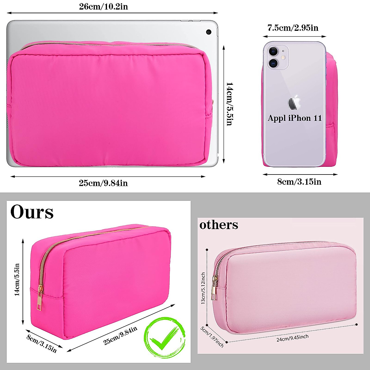 Nylon Makeup Bag Large Makeup Zipper Pouch Preppy Pencil Case for Women Travel Cosmetic Toiletry Bag Skin Care Bag 9.84 * 5.51 * 3.15in (Hot Pink)