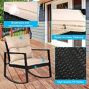 Dkeli Outdoor Rocking Chairs 3 Pieces Pe Wicker Bistro Sets with Glass Coffee Table Front Porch Furniture Rocking Chairs Set of 2 for Backyard Porch Balcony Lawn, Beige Cushion