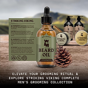 Striking Viking Cedarwood Beard Oil, Large 2 Oz - Natural Formula with Tea Tree, Argan & Jojoba Blend - Softens, Smooths & Strengthens Beard - Scented Oil for Men