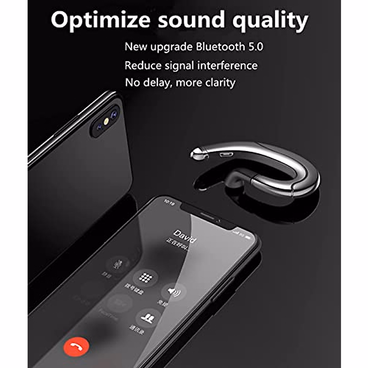 Wireless Bluetooth Headphone, Painless Wearing Headset with Mic for Cell Phone, Non Ear Plug Non Bone Conduction Ear Hook Earbuds, Lightweight, Waterproof Earpiece for Business/Office/Sports (Black)