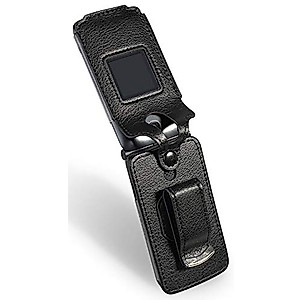 Case for Go Flip Phone, Nakedcellphone [Black Vegan Leather] Form-Fit Cover with [Built-in Screen Protection] and [Metal Belt Clip] for Alcatel Go Flip V, MyFlip, QuickFlip, AT&T Cingular Flip 2