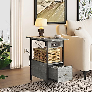 LIDYUK End Table with Charging Station, Narrow Side Table with Drawer and USB Ports & Power Outlets, Nightstand Bedside Tables for Small Spaces, Bedroom, Living Room, Light Grey