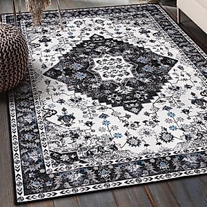 Amearea Vintage Design Area Rugs for Living Room, 4x6 Machine Washable Floral Collection Traditional Bedroom Rug, Low Pile Cute Kids Room Print Carpet, No Slip Office Kitchen Home Decor, Black