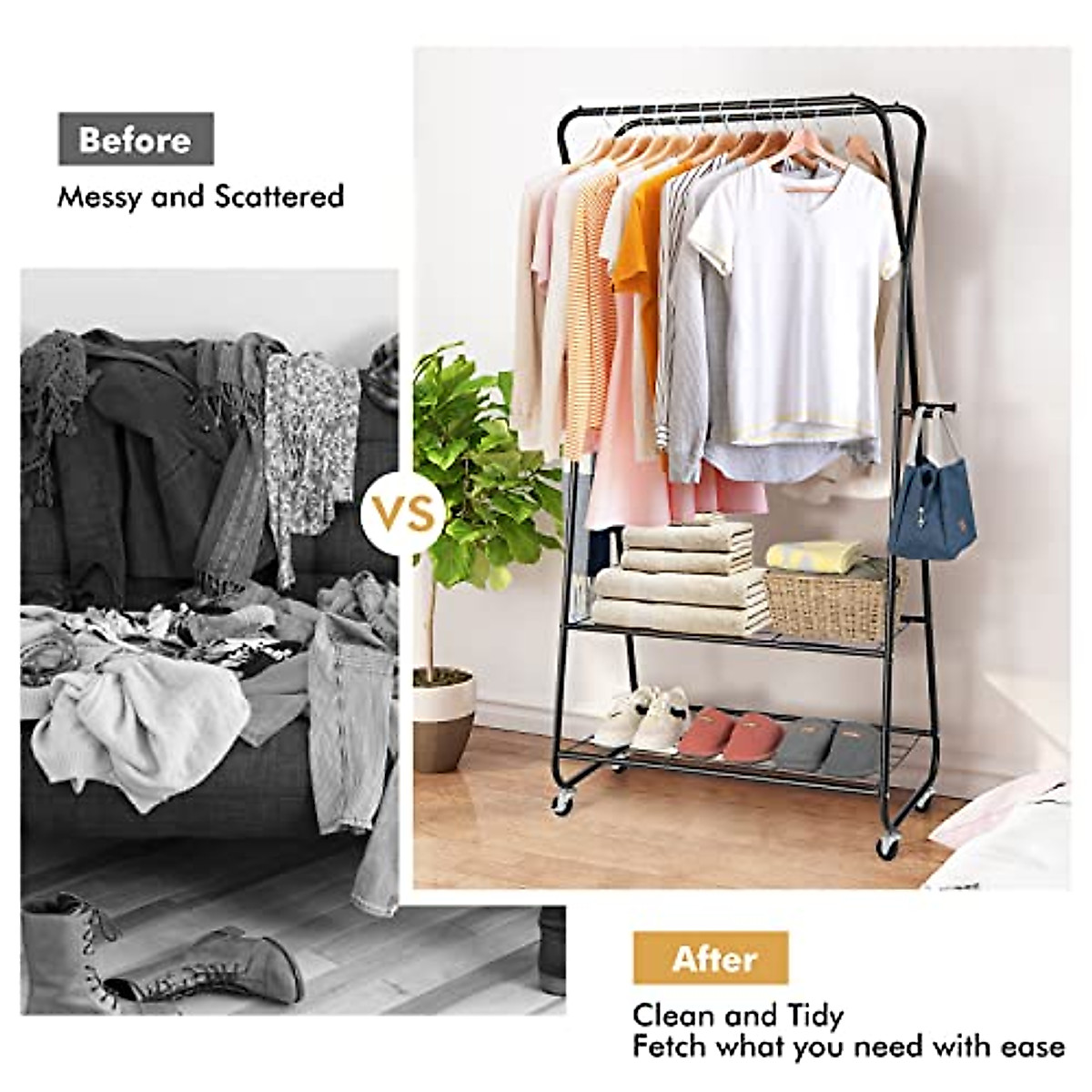 Giantex Metal Rolling Garment Rack, Clothing Rack with Wheels, Double Hanging Rods, 2 Shelves, 4 Hooks, Freestanding Clothes Organizer Rack with 2 Lockable Wheels for Bedroom, Balcony, Dorm, Black