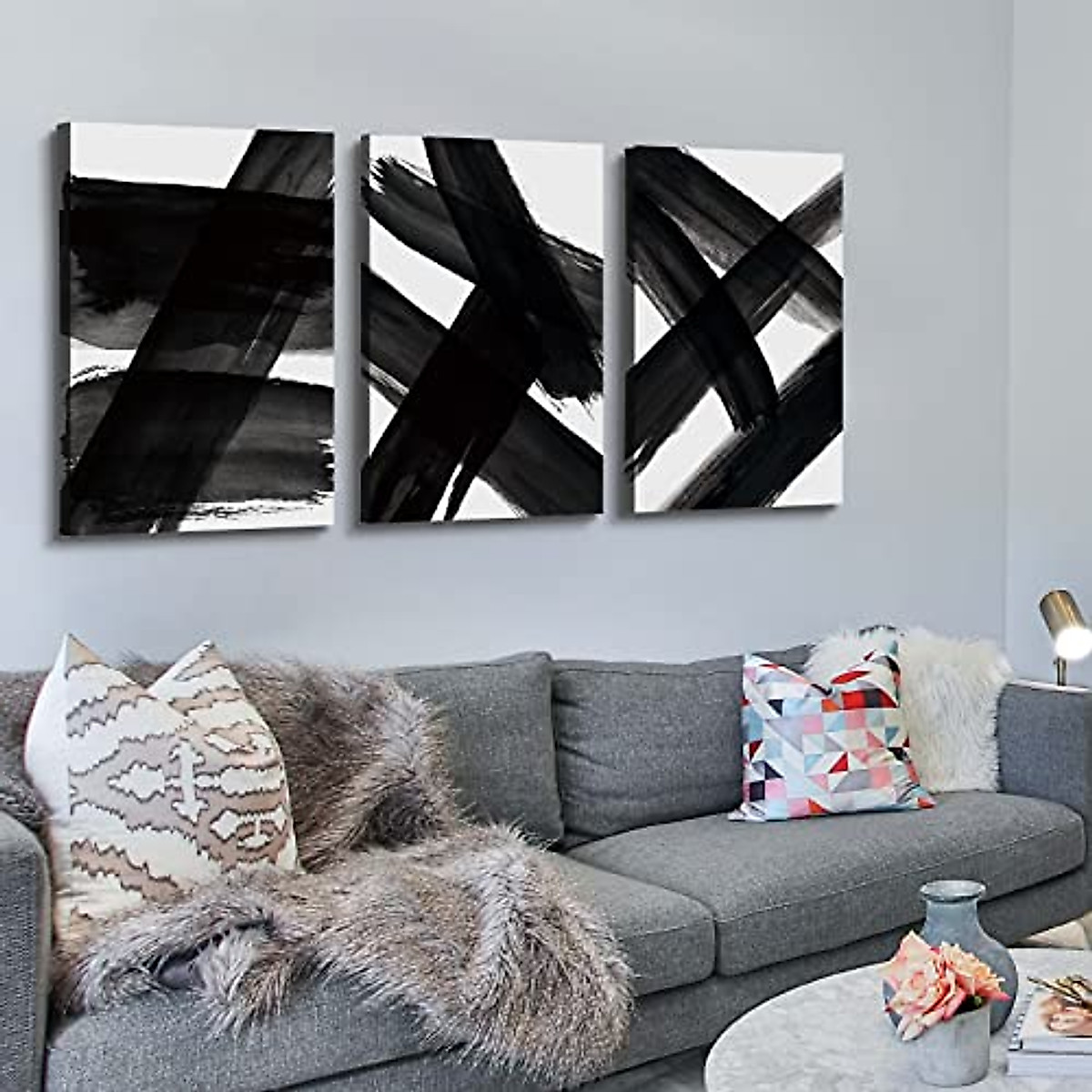 ArtbyHannah Black and White Abstract Canvas Wall Art with Strokes Abstract Shapes Illustrations Modern Art Prints for Living Room Bedroom Decoration - 3 Panels 16x24 inch