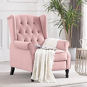 Artechworks Winged Fabric Modern Accent Chair Tufted Arm Club Chair Linen Single Sofa with Wooden Legs Comfy Upholstered for Reading Living Room Bedroom Office, Pink