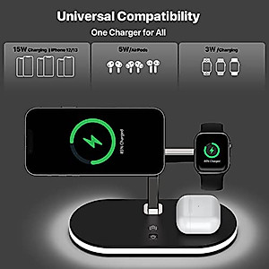 3 in 1 Aluminum Alloy Magnetic Wireless Charger for Magsafe Charger Stand GREENLEMON Fast Wireless Charging Station for iPhone 14 13/12 Series Apple Watch Airpods with LED Lamp 18W Adapter Black