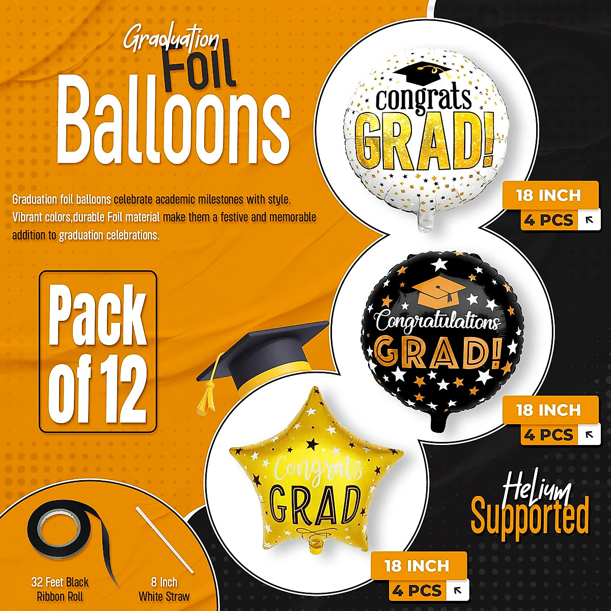 KatchOn, Congrats Grad Balloon Set - Big, 18 Inch, Pack of 12 | Congrats Grad Balloons, 2024 Graduation Party Decorations | Black and Gold Graduation Balloons, Graduation Decorations Class of 2024