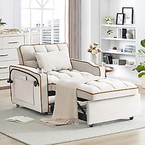 HUMEHA Convertible Chair Bed, Modern Velvet Sofa Chair Sleeper Bed with USB Ports & Cup Holders, Adjustable Backrest Single Lounge Armchair with Phone Holder for Living Room Bedroom, Creamy White