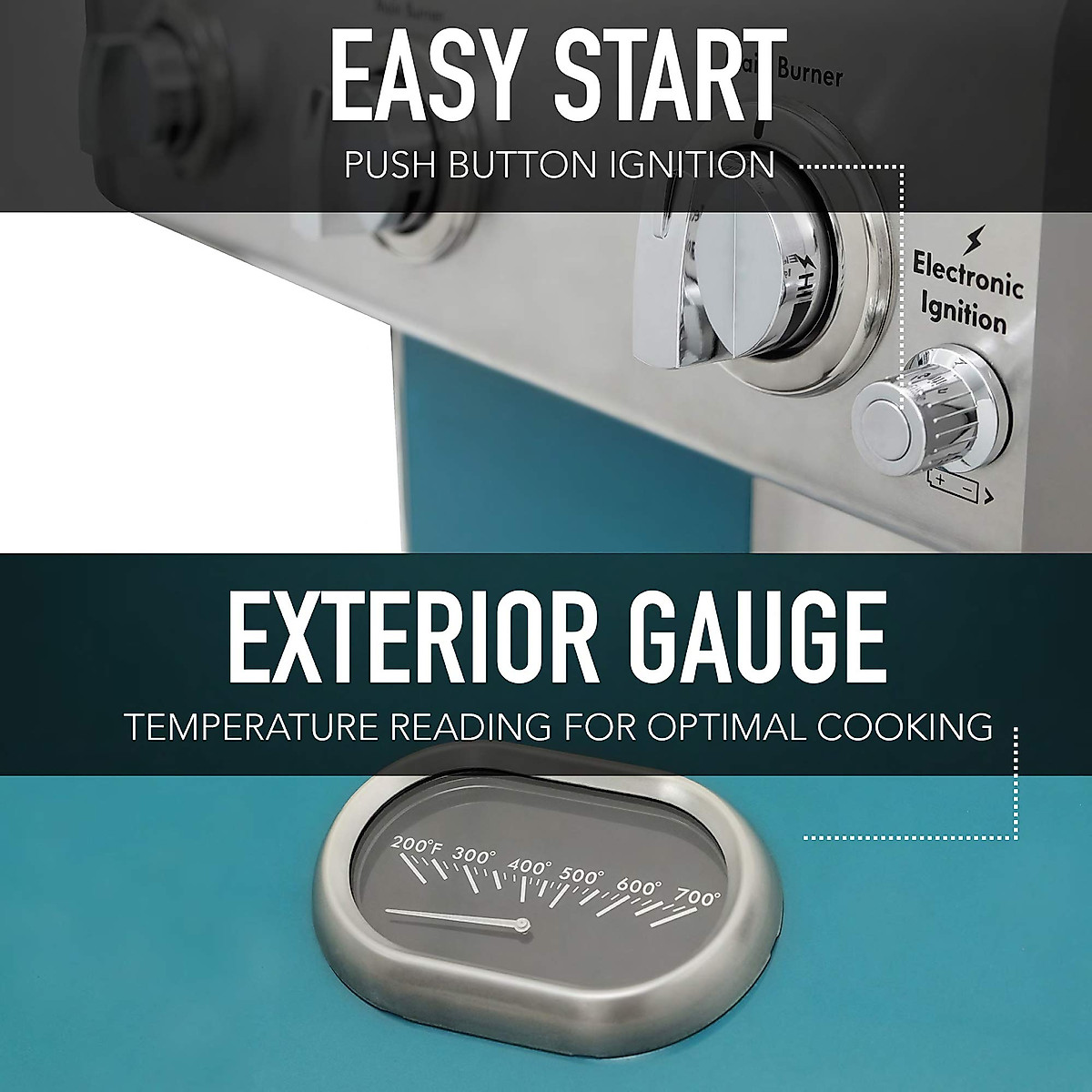 Kenmore 3-Burner Propane BBQ Grill, 30,000 BTUs Gas Grill with Cast Iron Cooking Grates, Folding Side Tables & Wheels, Outdoor Grill with Tool Hooks, Teal