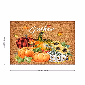 Entrance Mat Pumpkin Sunflower Maple Leaves Farmhouse Thanksgiving Funny Coir Doormat with Heavy Duty Fall Gather Coir Mat Outdoor - Front Door Entryway Mats Housewarming Gift 16x24in