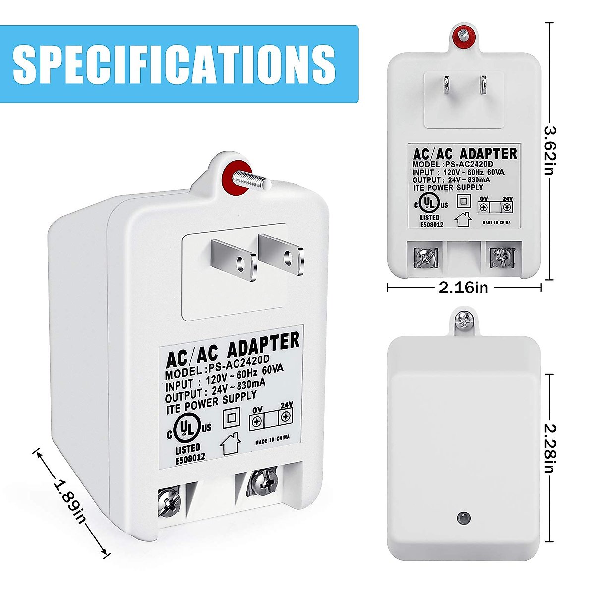 24V 830mA Thermostat and Doorbell Transformer, Wall Transformer with PTC Fuse Compatible with Nest, for Honeywell, Ecobee and Sensi Thermostat, Nest Hello and All of Doorbells
