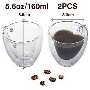 Kitchenexus Glass Espresso cups, Set of 2 5oz Double Wall Thermo Insulated Glass Espresso Shot Cups Set with Handle, Espresso Mug, Coffee Cups for Espresso and Cappuccino, Great Gift for Coffee Lover