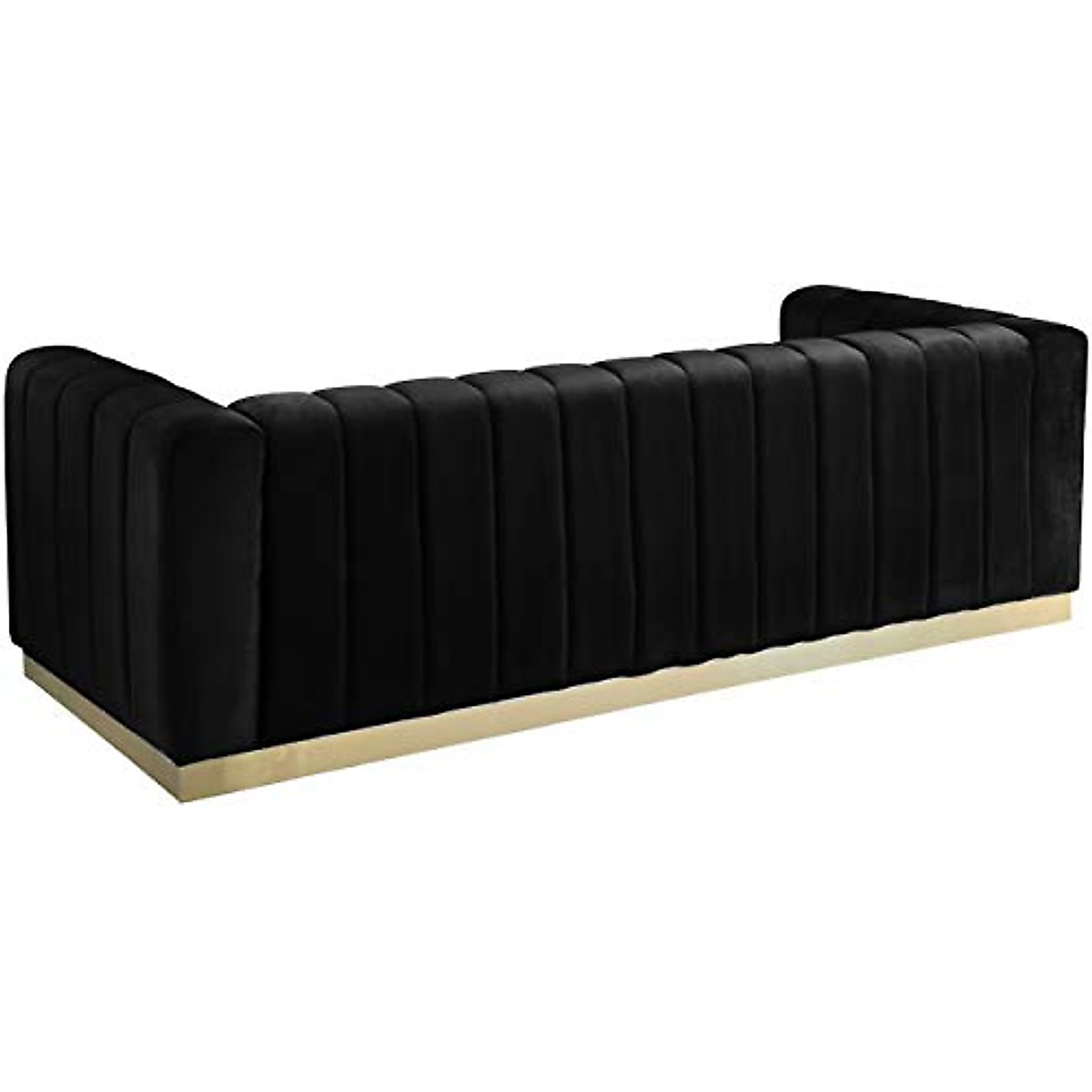 Meridian Furniture 603Black-S Marlon Collection Modern | Contemporary Velvet Upholstered Sofa with Deep Channel Tufting, Stainless Steel Base in a Brushed Gold Finish, Black, 86.5" W x 34" D x 28" H