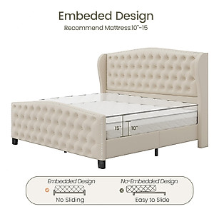 LARMACE King Bed Frame Upholstered Platform Bed with Wingback Headboard & Footbaord Velvet Beds Deep Button Tufted Beds Frames with Wood Slats Support, No Box Spring Needed, Beige