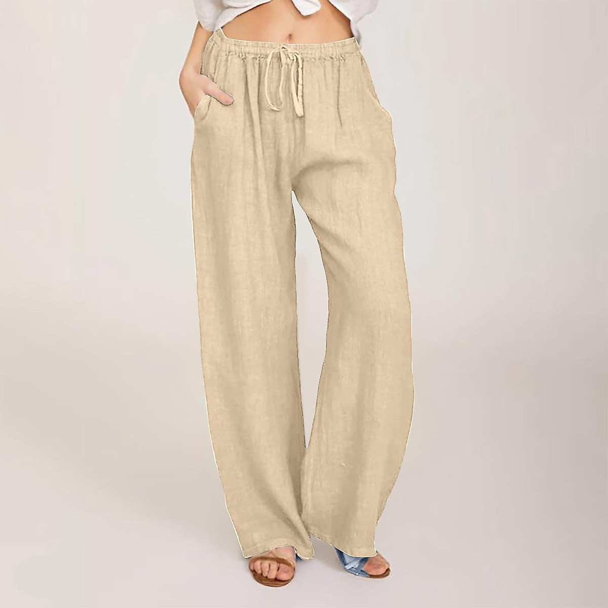 Capri Pants for Women Casual 2023 Summer Drawstring Elastic High Waist Linen Pant Straight Wide Leg Cropped Trouser Women Casual Pants Khaki 2X