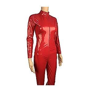 BERMEL Women's Bodysuit Shiny Patent Red PVC Leather Catsuit Full Body Sexy Latex Tight Zipper Jumpsuit Rubber Clothing (M)