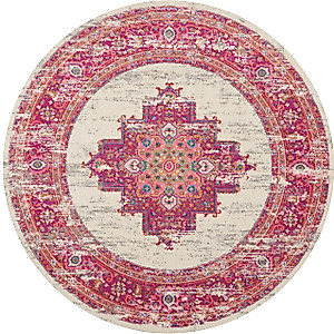 Nourison Passion Ivory/Fuchsia 8' x Round Area-Rug, Boho, Traditional, Easy-Cleaning, Non Shedding, Bed Room, Living Room, Hallway, (8' Round)