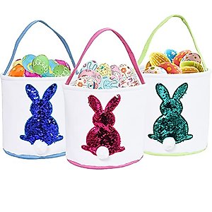 3 Pcs Easter Bunny Basket Bags for Kids - Color Changing Reusable Easter Egg Baskets - Perfect for Girls & Boys Easter Egg Hunts (Pink, Blue, Green)