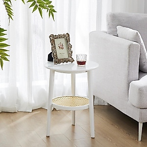 Apicizon 2 Tier Round Side Table, White Rattan Nightstand Bedside Table with Storage, Boho End Table for Living Room, Bedroom, Small Spaces, Easy Assembly, 15 x 19.3 Inches