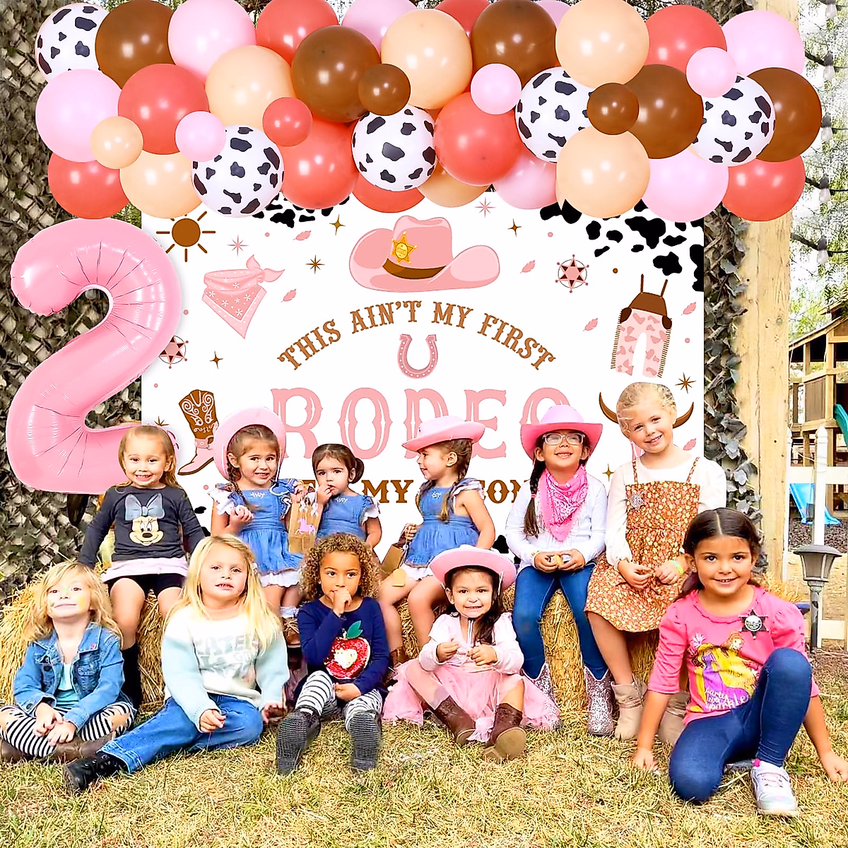 JOYMEMO My 2nd Rodeo Birthday Decorations Girl - Boho Cowgirl Balloon Garland Arch Kit with This Ain't My First Rodeo Its My Second Birthday Backdrop, Number 2 Foil Balloon for Western Party Supplies