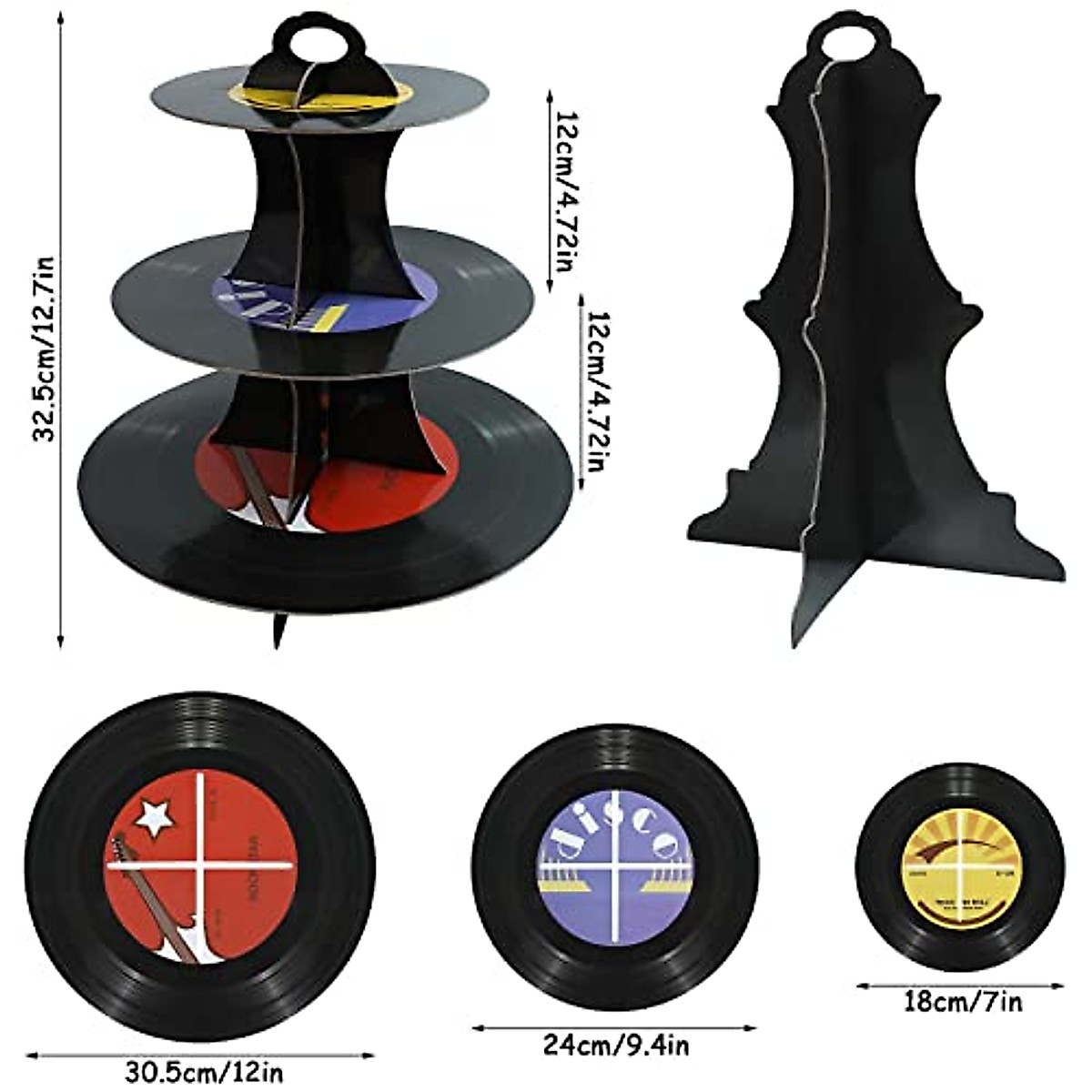 1950's Rock and Roll MusicTheme, 3-Tier Paper Record Cake Stand Cupcake Tower for 8-12 Cupcakes Perfect for 50's Theme Party Music Party Birthday Party Supplies, Gift for Music Lover