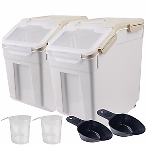 2 Pack Rice Storage Container 50 lbs, Airtight Flour Storage Containers Bin with Measuring Cup & Scoop, BPA Free Plastic Rice Dispenser for Flour, Rice, Grain Holder (Gray)