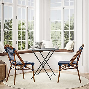 Flash Furniture Bordeaux Set of 2 Indoor/Outdoor Commercial Bistro Stack Chairs - Navy/White PE Rattan Back and Seat - Natural Bamboo Print Aluminum Frame