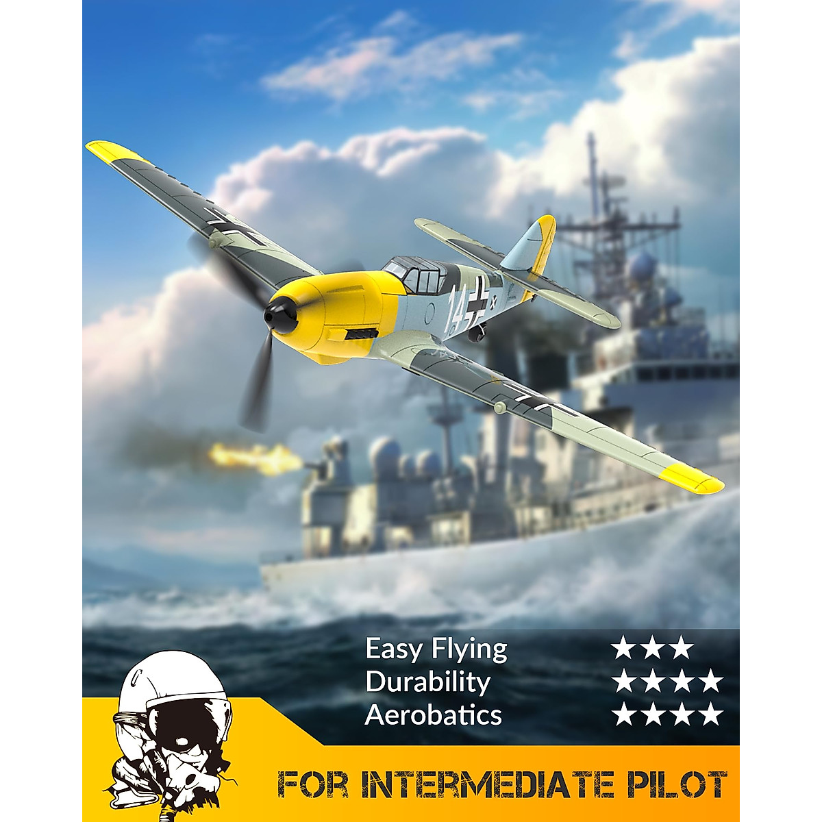 VOLANTEXRC RC Plane, 4 Channel Remote Control Airplane BF109 Fighter RTF with Aileron, Gyro, Aerobatics & 3 Modes Easy to Fly, Hobby Radio Controlled Aircraft for Beginners, Kids & Adults (Yellow)