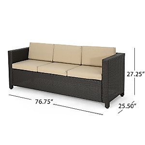 Christopher Knight Home Puerta Outdoor Wicker 3-Seater Sofa, Dark Brown / Beige Cushion