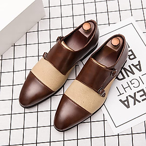 HuitJours Men Brown Double Monk Straps Slips on Dress Shoes Classic Loafers Two Tone Colors Buckle Shoes Zapatos de Vestir para Hombre