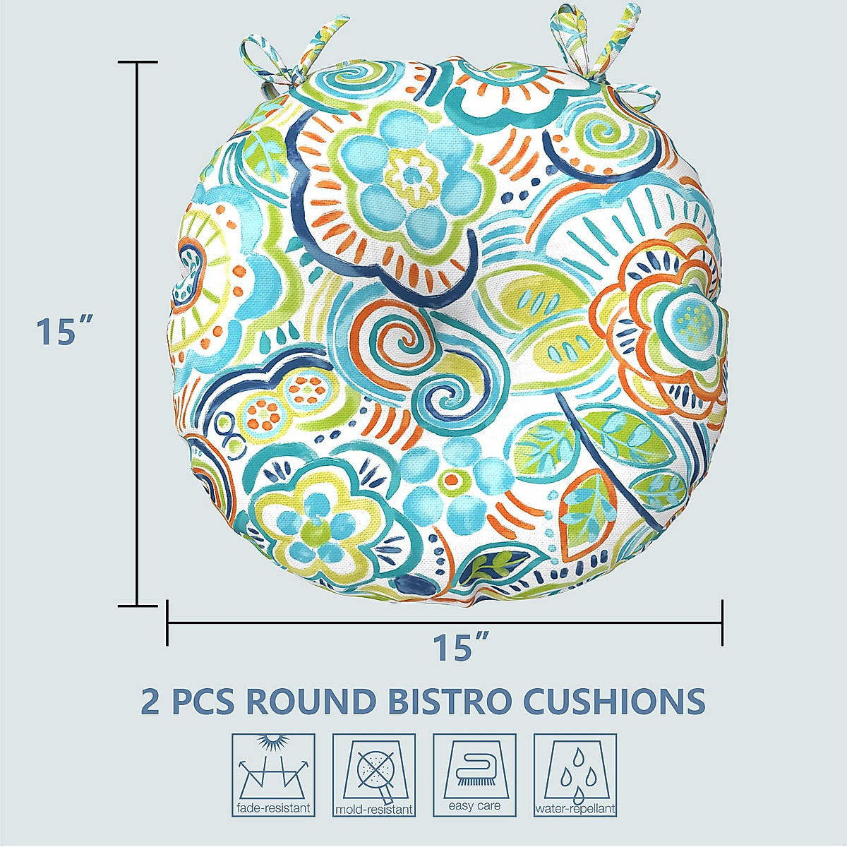 LVTXIII Outdoor Seat Cushions All Weather Patio Chair Pads with Ties, Comfortable Round Bistro Chair Cushions for Home Office and Patio Garden Furniture Decoration 15”x15”x4”, Set of 2, Flower Blue
