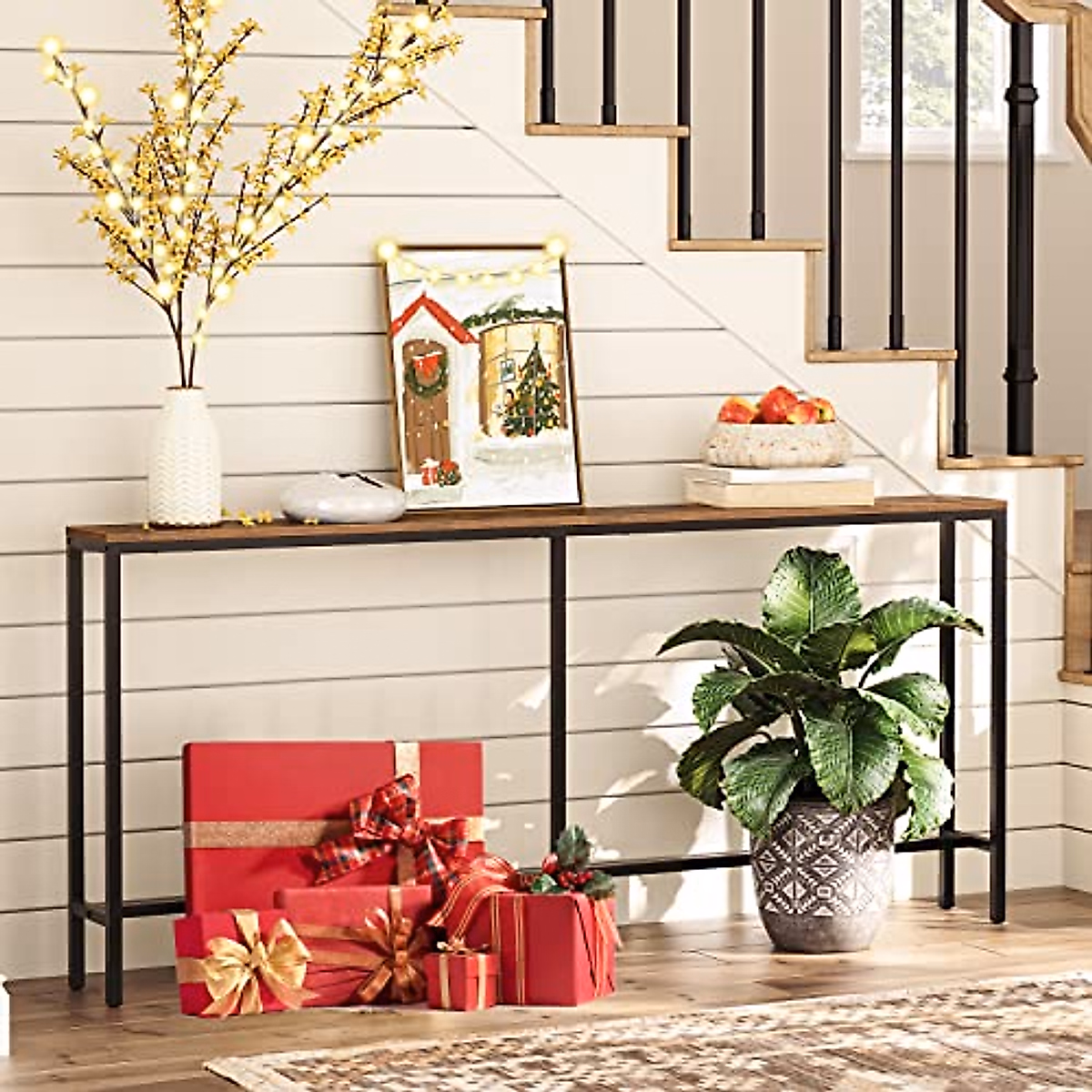 ALLOSWELL Console Table, 70.9" Narrow Long Sofa Table, Entryway Table, Industrial Sofa Table, Side Table, for Hallway, Living Room, Sturdy and Stable, Easy to Assemble, Rustic Brown CTHR18001