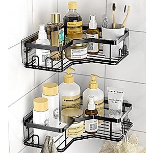 MAXIFFE Corner Shower Caddy, Shower Organizer Corner Shower Shelf with 8 Hooks,2-Pack Adhesive Stainless Steel Shower Shelves for Bathroom Storage (Matte Black)
