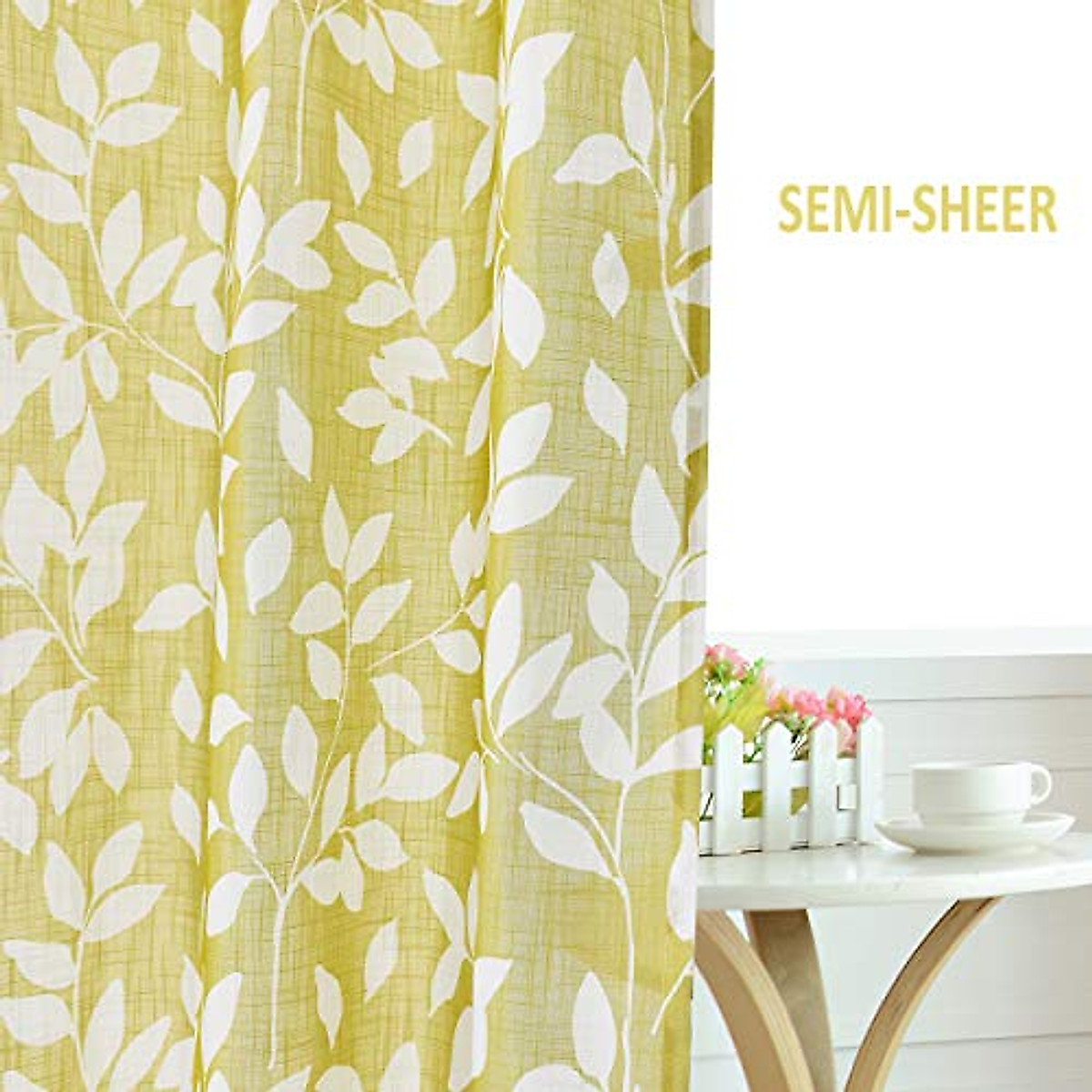 Treatmentex Valance Curtain for Window 15" Leaf Print Kitchen Valances, Mustard Yellow and White, 52" w 1 Panel