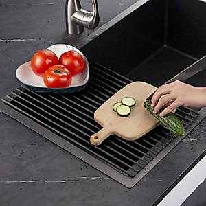EMBATHER Roll Up Dish Drying Rack Over The Sink, Dish Drying Rack for Kitchen Counter, Multipurpose Stainless Steel Foldable Kitchen Drainer Rack with Silicone Mat, Anti-Slip,(Black, 17.8"x13.5")
