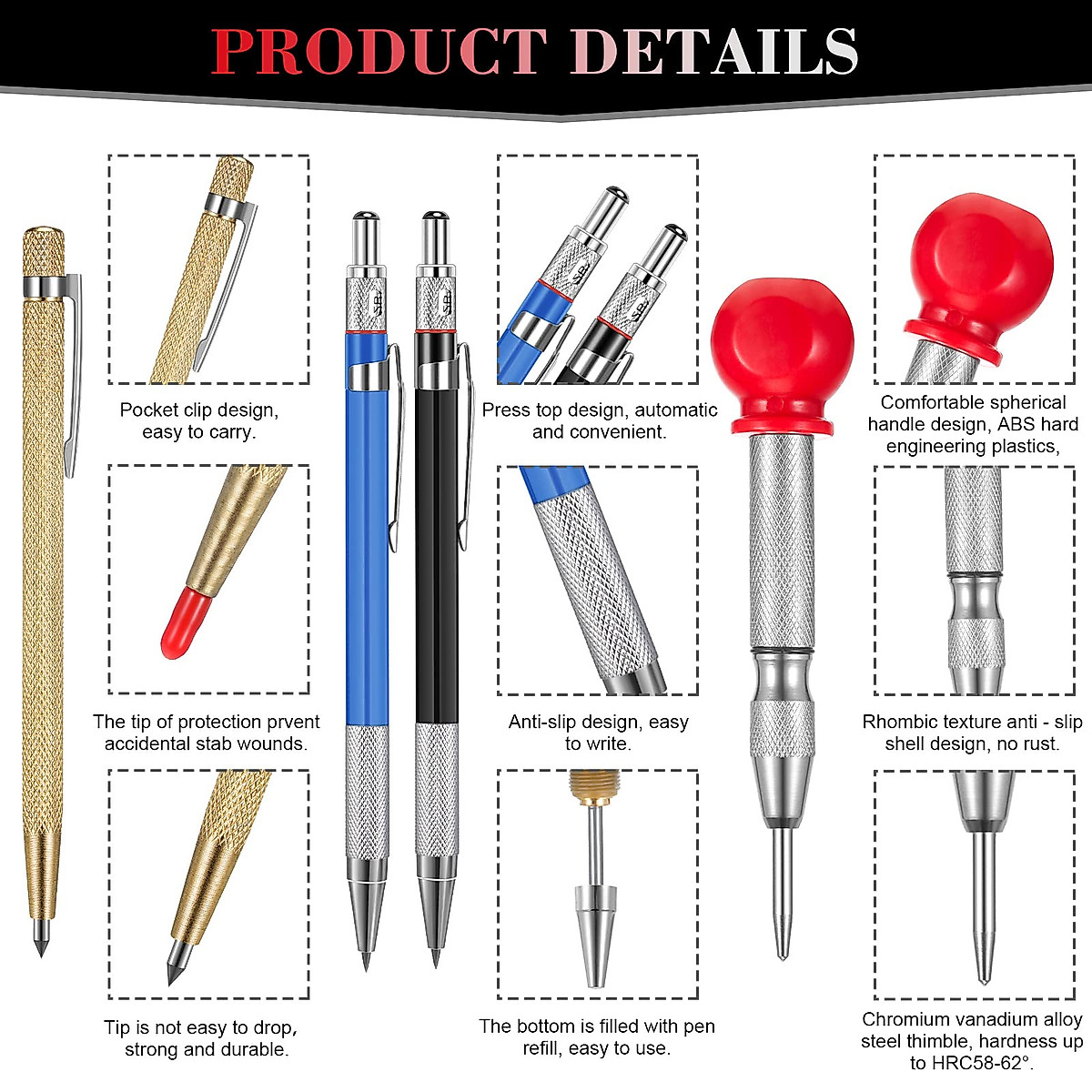 8 Pieces Carpenter Scriber Marking Kit Includes 4 Mechanical Carpenter Pencils, 2 Packs Marker Refills, Metal Carbide Scriber and Automatic Center Punch Woodworker Tool for Glass, Ceramics, Steel