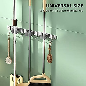dsfen 2 Pcs Broom Holder Wall Mount Stainless Steel Mop Holder Broom Hanger Heavy Duty Broom Holder for Laundry Room Garden Garage Bathroom (3 Racks 4 Hooks)