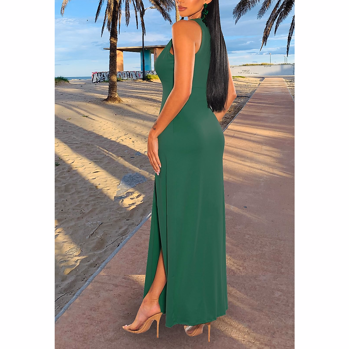 Sexy Maxi Dress for Women Sleeveless Front High Split Deep V Neck Party Long Bodycon Tank Dress