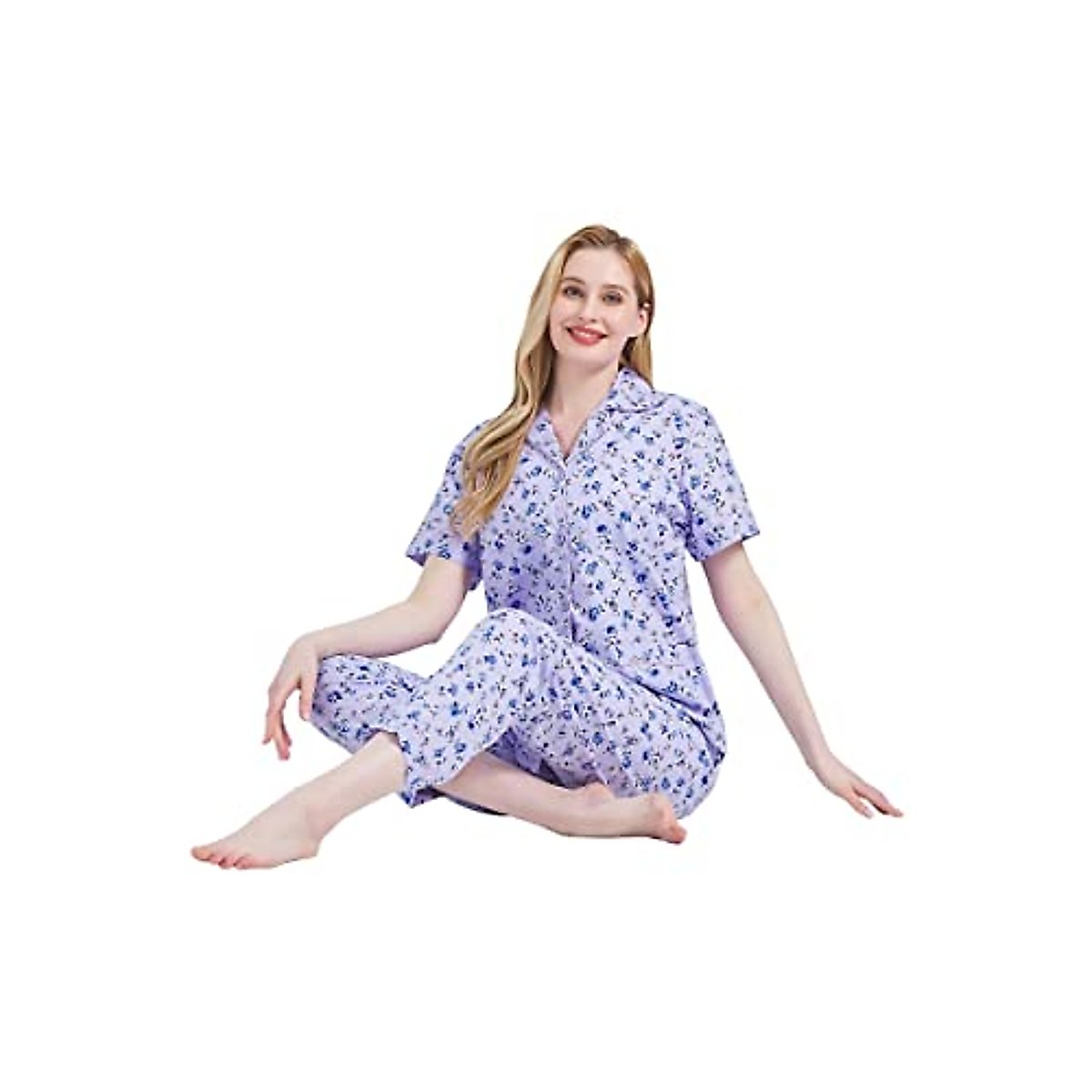 GLOBAL Women's 100% Cotton Pajama Sets | Two-Piece Soft Short-Sleeved and Long Pants PJs for Spring and Summer | Button Down Front Top and Drawstring Waist Bottom Nightwear