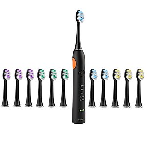 SimpliSonic Ultrasonic Rechargeable Electric Toothbrush Premium Package w/ 12 Heads (Black)