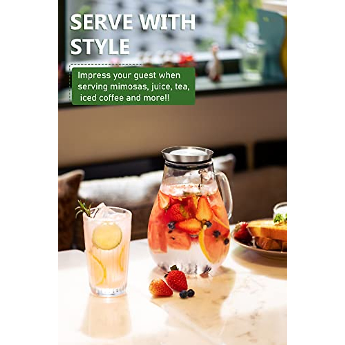 SUSTEAS 2 Liter Glass Pitcher, Water Pitcher with Removable Lid And Wide Handle, Easy Clean Juice Jug for Fridge, Beverage Carafe for Cold/Hot Water, Iced Tea, 1 Free Long-Handled Brush Included