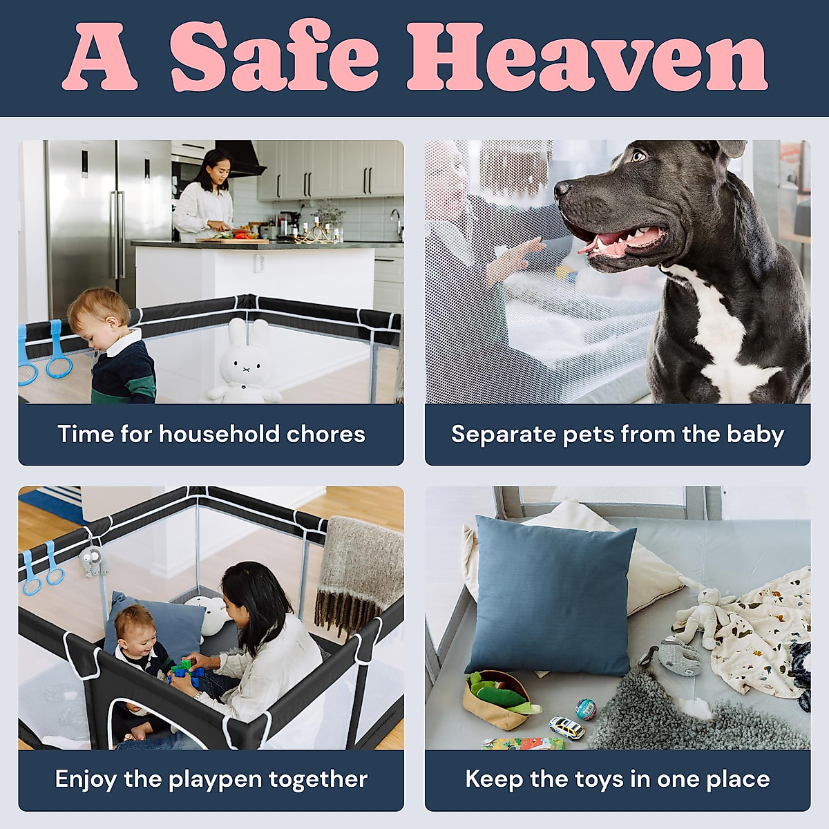 TODALE Baby Playpen for Toddler, Large Baby Play Yard, Safe No Gaps Playpen for Babies,Baby Gate Playpen(Black,50”×50”)