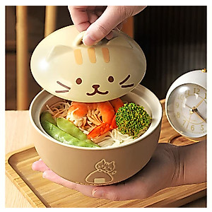 Japanese Style Ceramic Soup Bowls with Lids Ramen Bowl Cute Kitten Design for Mixing Salad, Noodle, Instant Noodles, Ramen Cooker, Kitchen Oven, Microwave Safe Bowl Cat Gifts for Cat Lovers (khaki)
