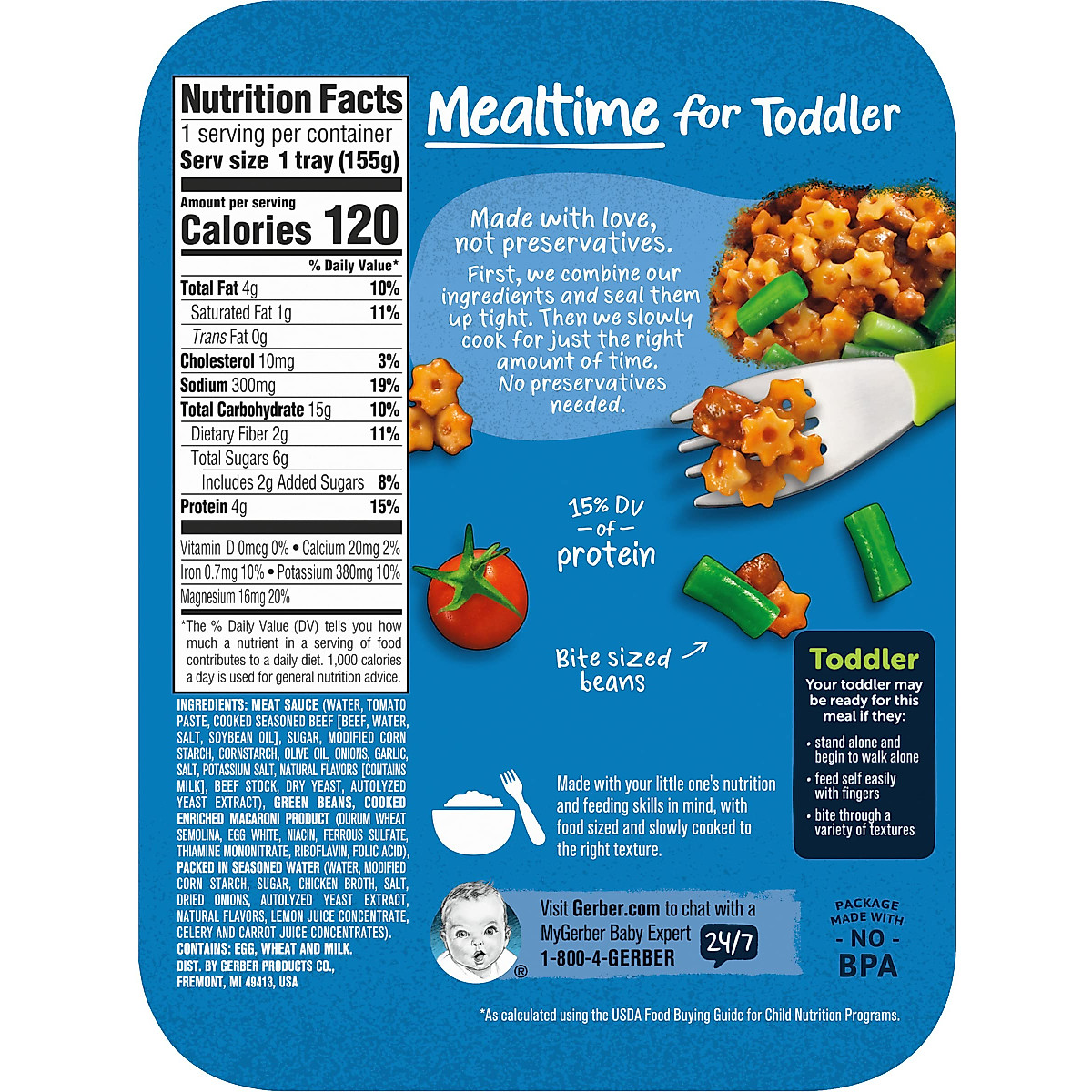 Gerber Mealtime for Toddler Pasta Sauce in Meat Sauce with Side of Green Beans, Packed in Seasoned Water, Toddler Meal with No Preservatives, 6.8 OZ (Pack of 6)