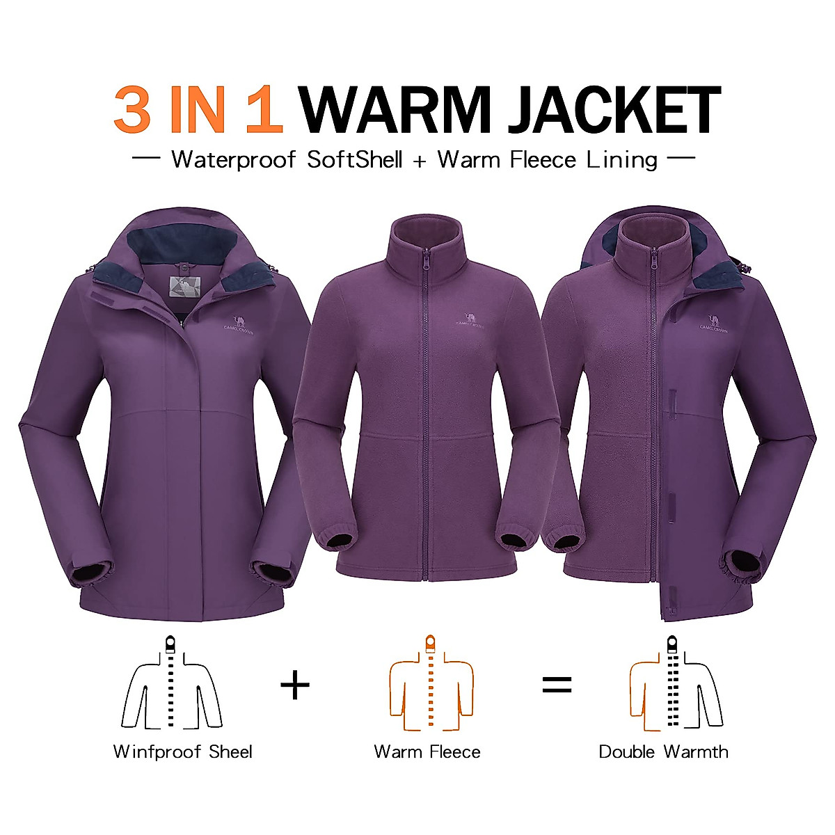 CAMELSPORTS Womens Ski Jackets Waterproof Fleece Snow Coat 3 in 1 Snowboarding Jackets Winter Warm Windbreaker Raincoat Outdoor