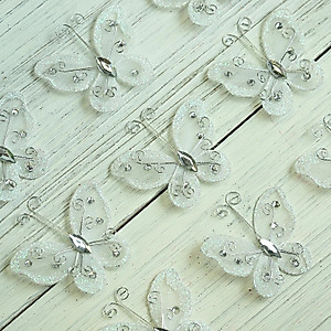 Tableclothsfactory 12 Pack White 2" Crystal Studded Organza Butterflies for Wedding Decorations