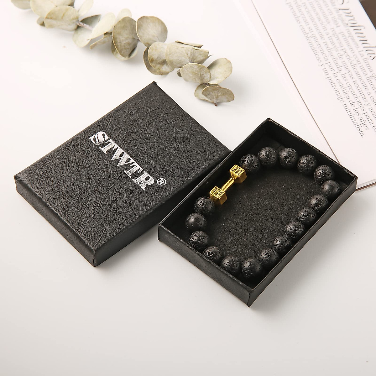 STWTR Men's and women's 10mm volcanic rock anxiety chakras Beaded Bracelet Yoga Bracelet (dumbbell)